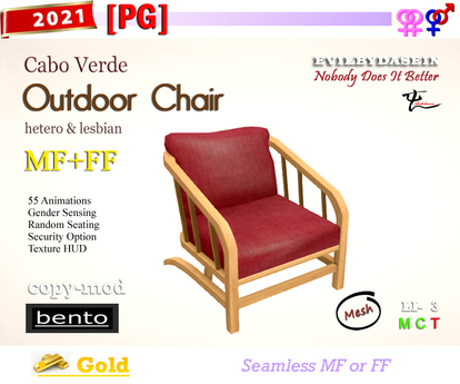 Second Life Marketplace - [PG] A+ Cabo Verde Outdoor Chair (Bento) - MF+FF